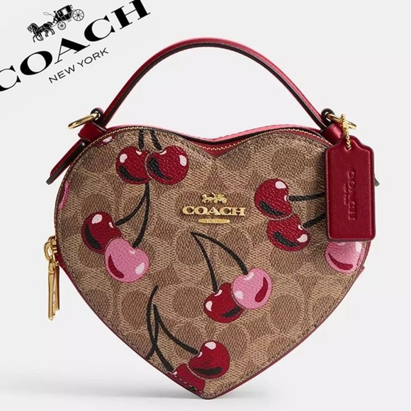 Coach | Bags | Coach Heartshaped Cherry Print Bag Brown And Red | Poshmark